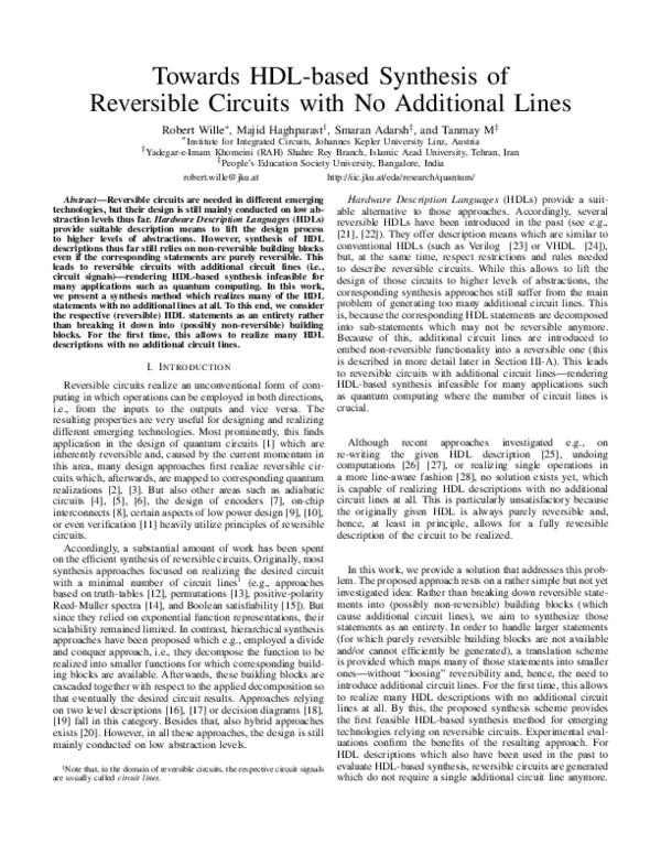 Pdf Towards Hdl Based Synthesis Of Reversible Circuits With No Additional Lines