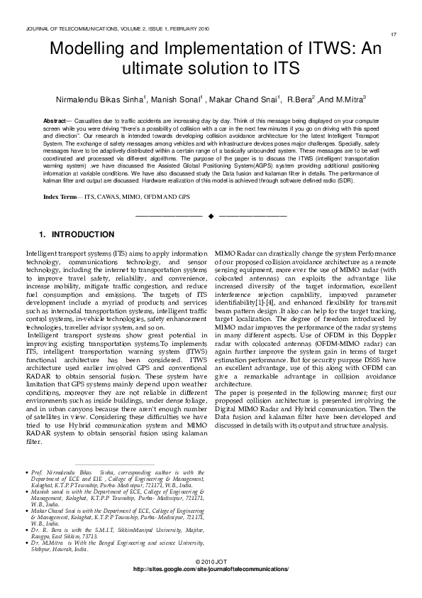 (PDF) Modelling and Implementation of ITWS: An ultimate solution to ITS