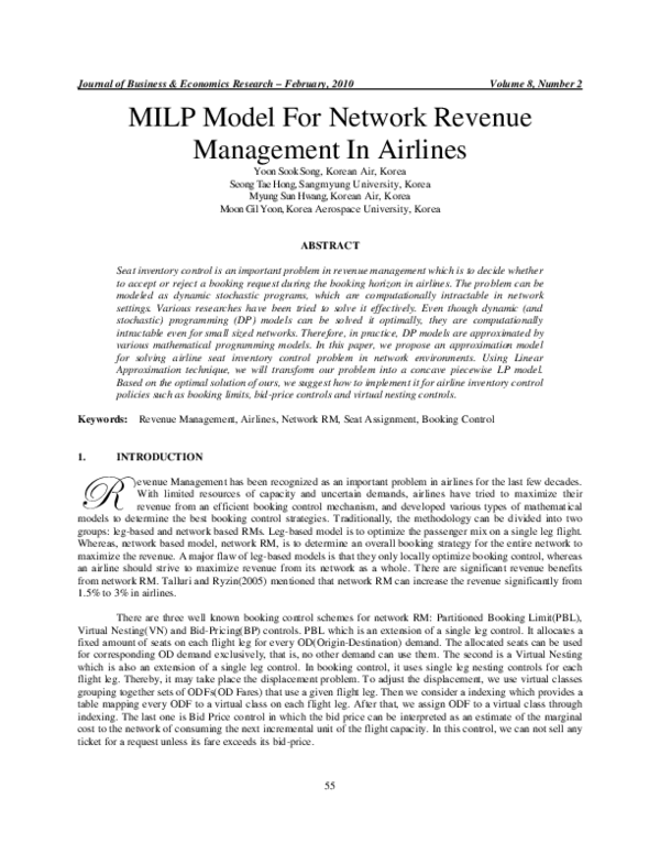 (PDF) MILP Model For Network Revenue Management In Airlines