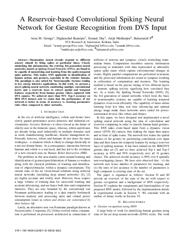 Pdf A Reservoir Based Convolutional Spiking Neural Network For Gesture Recognition From Dvs Input