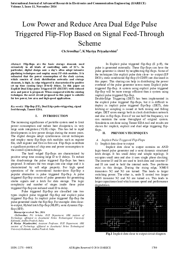 Pdf Low Power And Reduce Area Dual Edge Pulse Triggered Flip Flop Based On Signal Feed Through