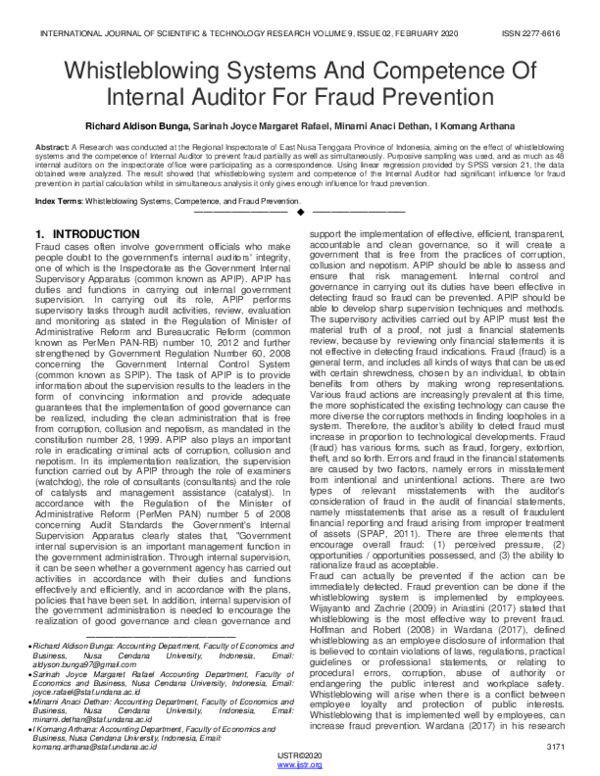 (PDF) Whistleblowing Systems And Competence Of Internal Auditor For Fraud Prevention
