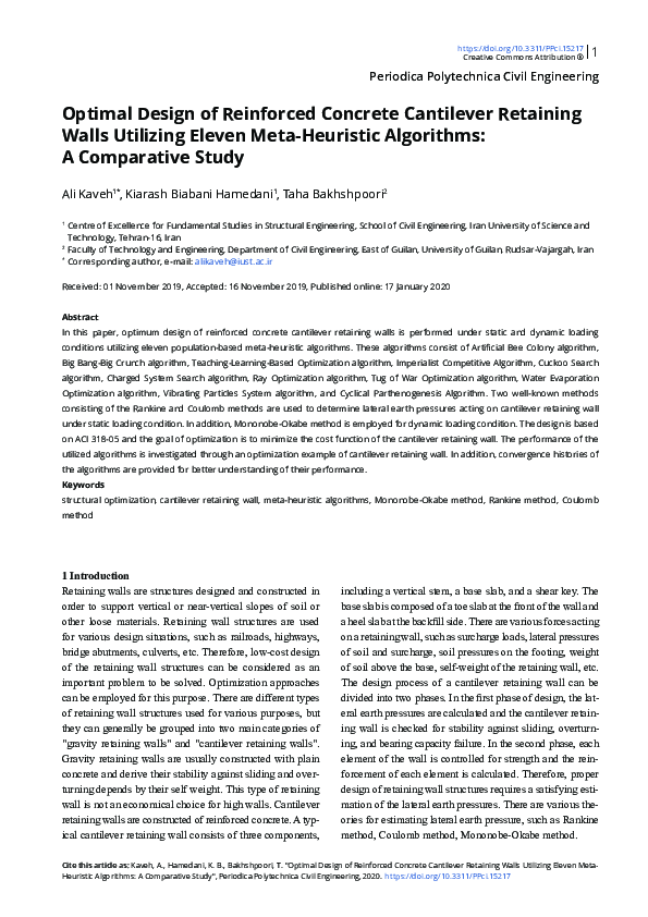 (PDF) Optimal Design of Reinforced Concrete Cantilever Retaining Walls Utilizing Eleven Meta ...