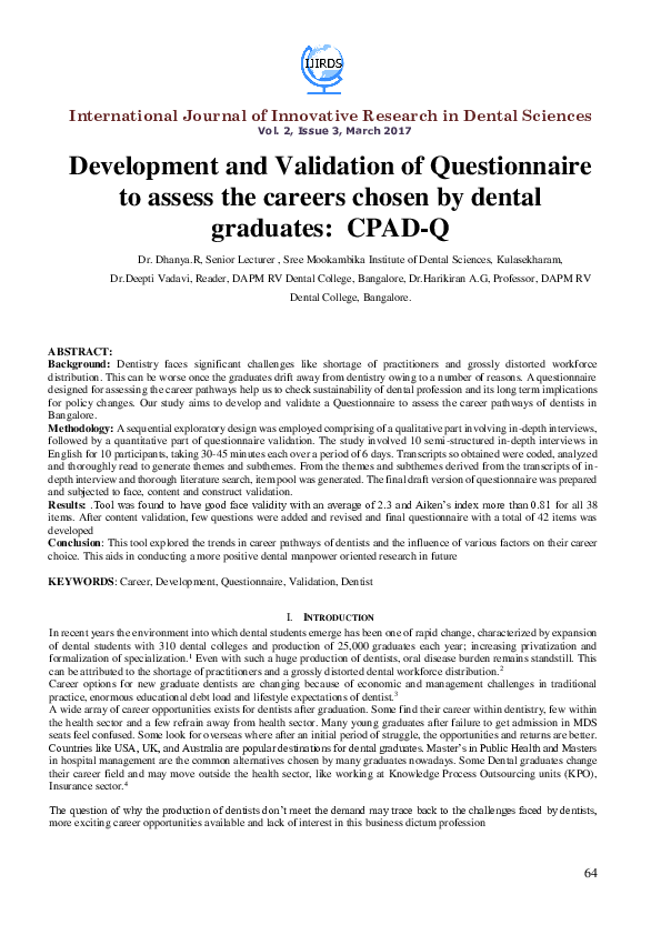 (PDF) Development and Validation of Questionnaire to Assess the Careers Chosen by Dental ...