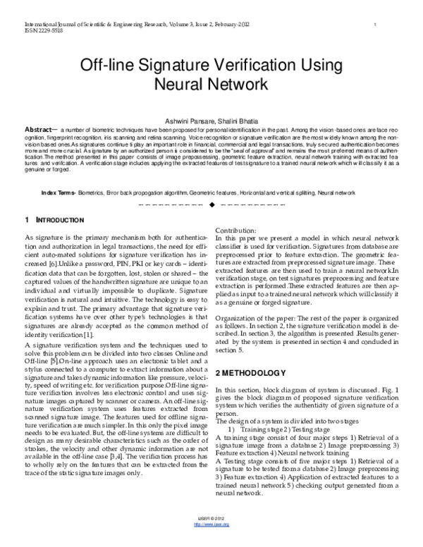 Pdf Off Line Signature Verification Using Neural Network
