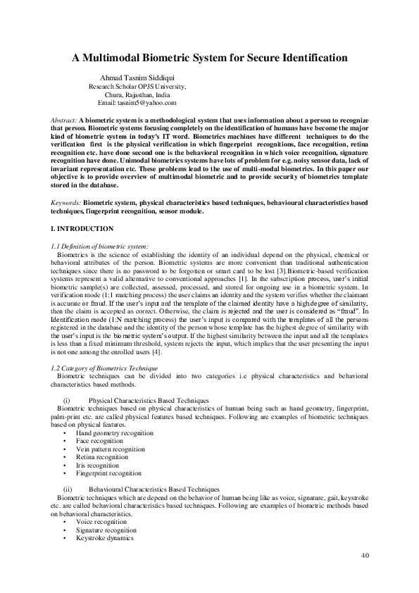 Pdf A Multimodal Biometric System For Secure Identification