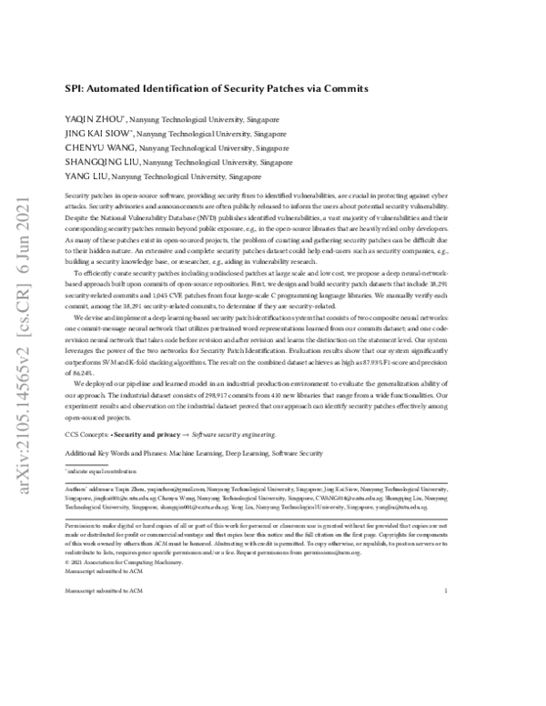 (PDF) SPI: Automated Identification of Security Patches via Commits