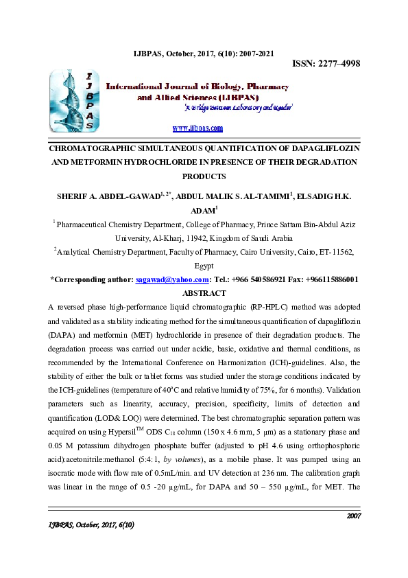 Pdf Chromatographic Simultaneous Quantification Of Dapagliflozin And Metformin Hydrochloride