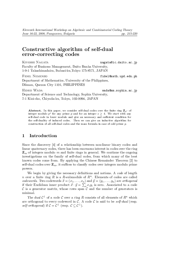 Pdf Constructive Algorithm Of Self Dual Error Correcting Codes 8975