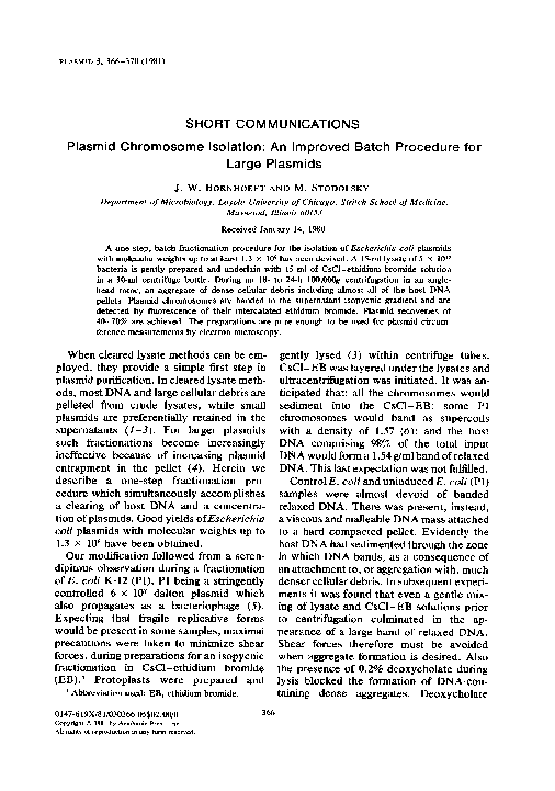 (PDF) Plasmid chromosome isolation: An improved batch procedure for ...
