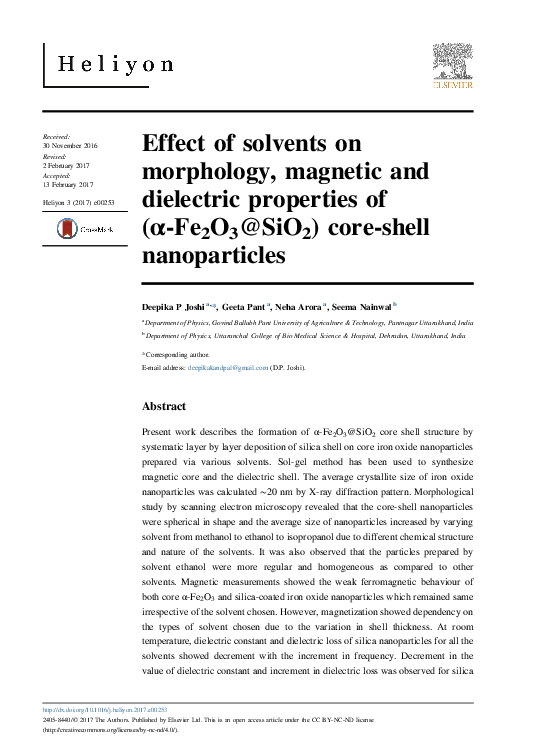 (PDF) Effect of solvents on morphology, magnetic and dielectric properties of (α-Fe 2 O 3 @SiO 2 ...