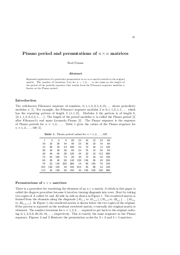 (PDF) Pisano period and permutations of n × n matrices