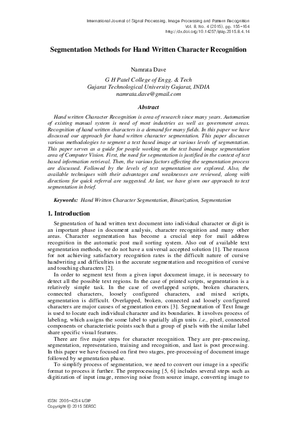 Pdf Segmentation Methods For Hand Written Character Recognition