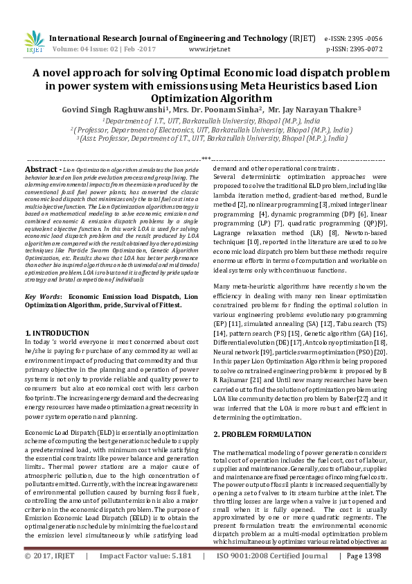 Pdf A Novel Approach For Solving Optimal Economic Load Dispatch