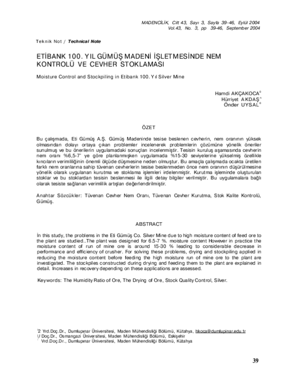 (PDF) Eti̇bank 100. Yil Gümüş Madeni̇ İşletmesi̇nde Nem Kontrolü Ve ...