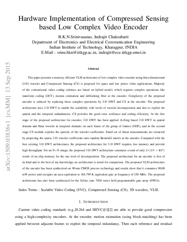 (PDF) Hardware Implementation of Compressed Sensing based Low Complex Video Encoder