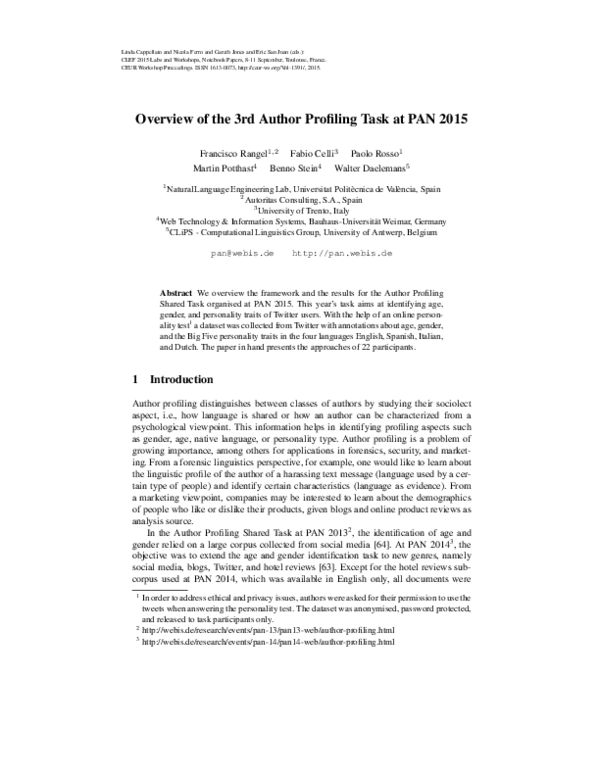 (PDF) Overview of the 3rd Author Profiling Task at PAN 2015