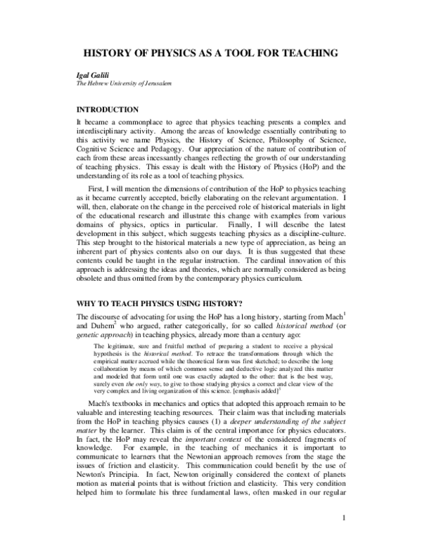 (PDF) 1 History of Physics as a Tool for Teaching