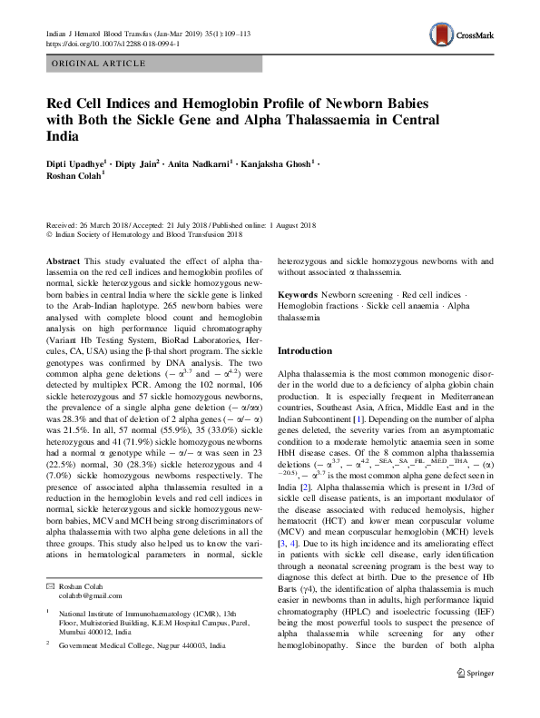 (PDF) Red Cell Indices and Hemoglobin Profile of Newborn Babies with ...