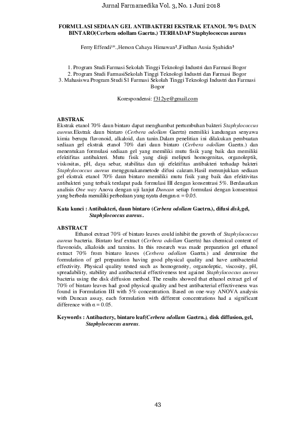 (PDF) FORMULASI SEDIAAN GEL ANTIBAKTERI EKSTRAK ETANOL 70% DAUN BINTARO ...