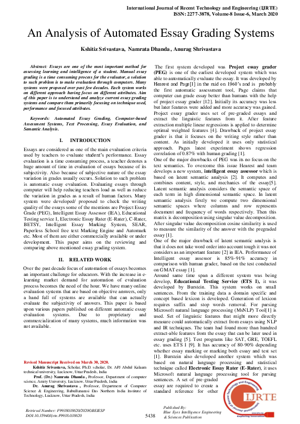 (PDF) An Analysis of Automated Essay Grading Systems