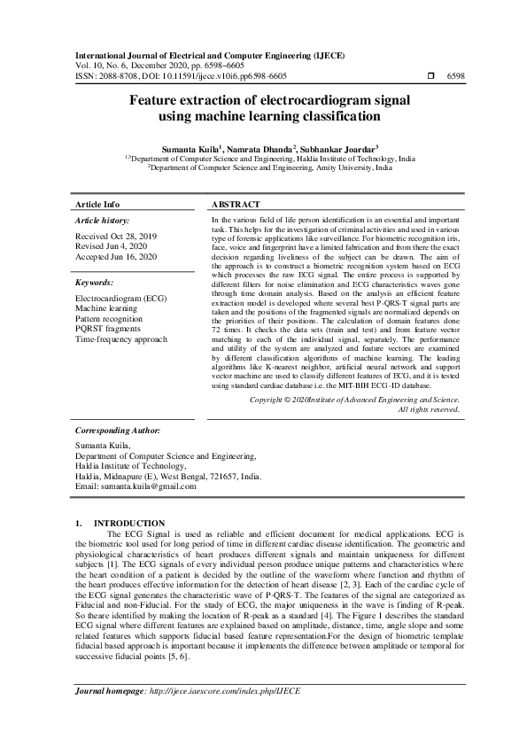 Pdf Feature Extraction Of Electrocardiogram Signal Using Machine Learning Classification