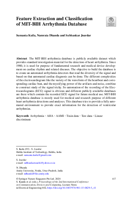 Pdf Feature Extraction And Classification Of Mit Bih Arrhythmia Database