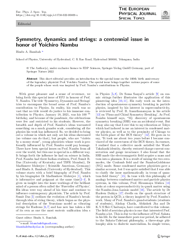 (PDF) Symmetry, dynamics and strings: a centennial issue in honor of Yoichiro Nambu