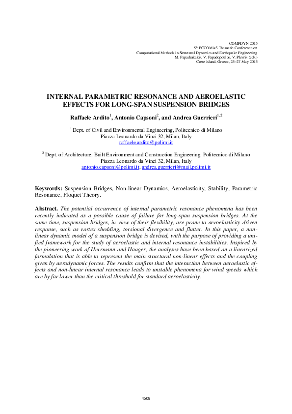 (PDF) Internal Parametric Resonance and Aeroelastic Effects for Long-Span Suspension Bridges