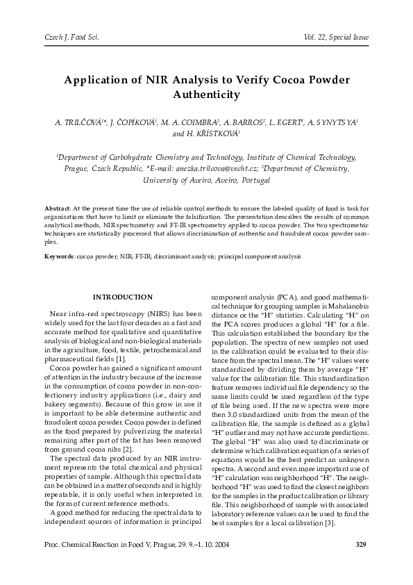 (PDF) Application of NIR analysis to verify cocoa powder authenticity