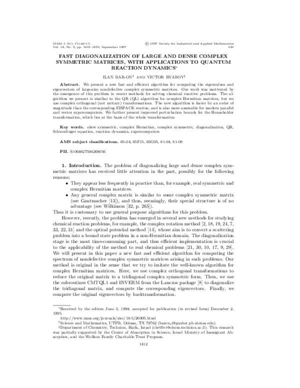 Pdf Fast Diagonalization Of Large And Dense Complex Symmetric Matrices With Applications To