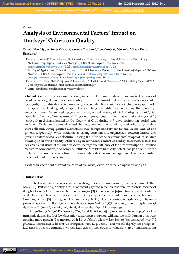 (PDF) Analysis of Environmental Factors’ Impact on Donkeys’ Colostrum ...