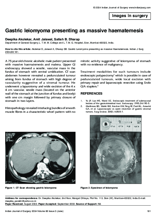 (PDF) Gastric leiomyoma presenting as massive haematemesis | Satish ...