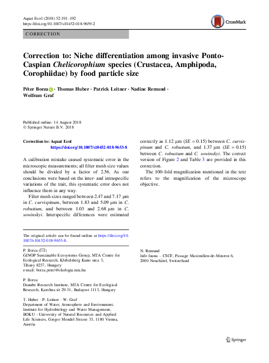 (PDF) Correction to: Niche differentiation among invasive Ponto-Caspian ...