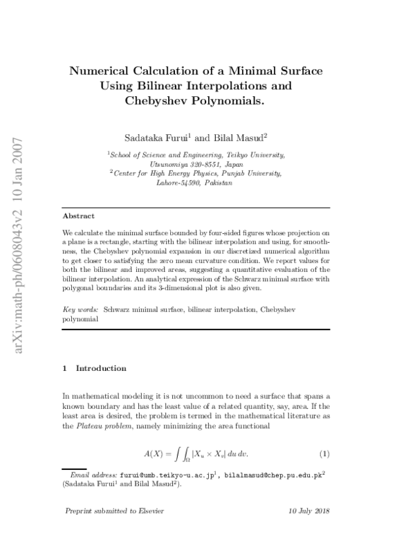 (PDF) Numerical Calculation of a Minimal Surface Using Bilinear Interpolations and Chebyshev ...