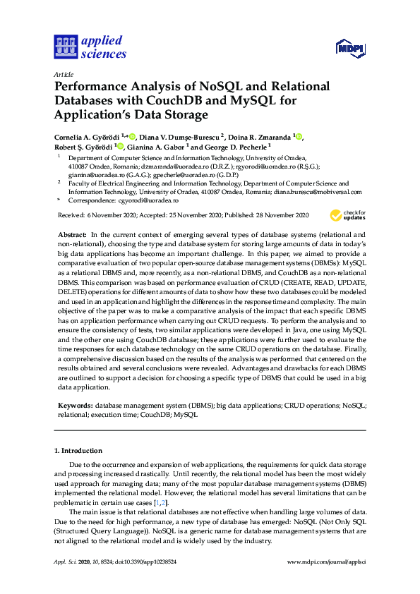 (PDF) Performance Analysis of NoSQL and Relational Databases with CouchDB and MySQL for ...