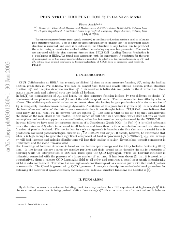(PDF) Pion structure function F 2 p in the valon model | firooz arash ...