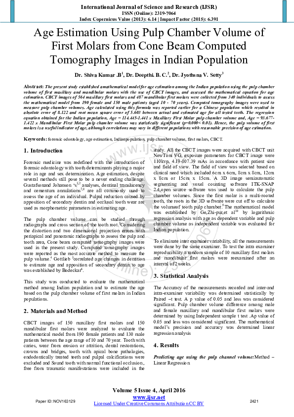 (PDF) Age Estimation Using Pulp Chamber Volume of First Molars from ...