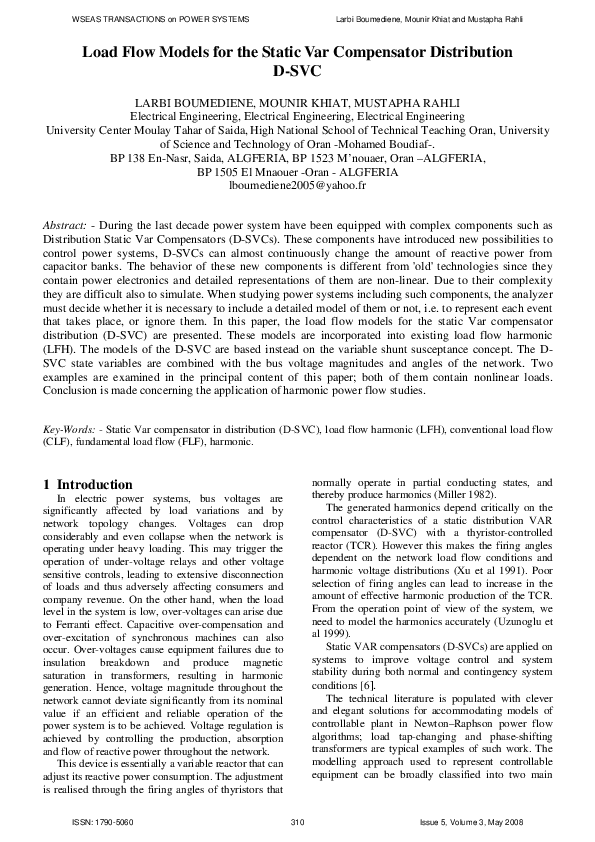 Pdf Load Flow Models For The Static Var Compensator Distribution D Svc
