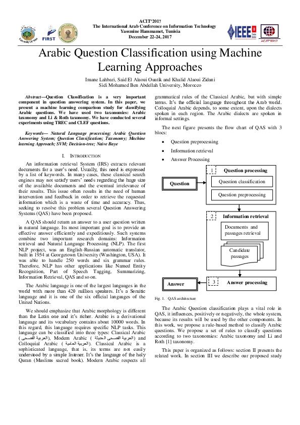 (PDF) Arabic Question Classification using Machine Learning Approaches