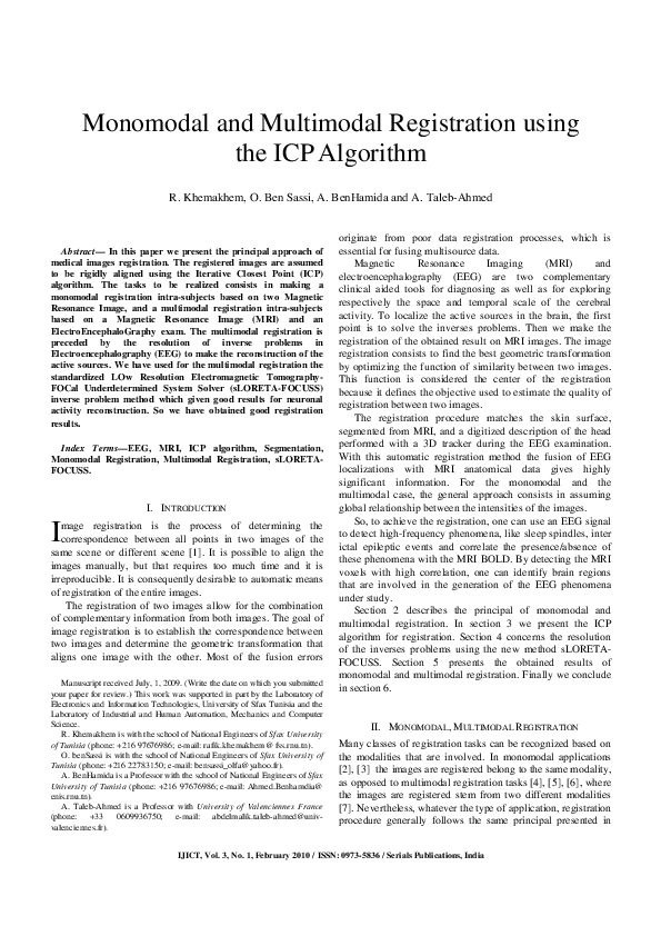 (PDF) Monomodal and Multimodal Registration using the ICP Algorithm