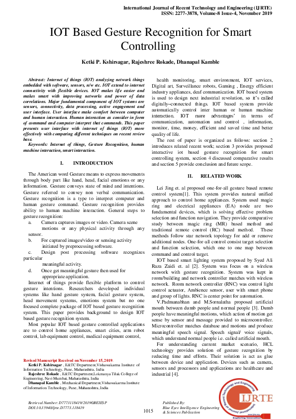 Iot Based Gesture Recognition For Smart Controlling