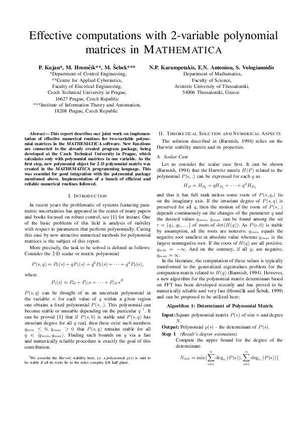 Pdf Effective Computations With 2 Variable Polynomial Matrices In