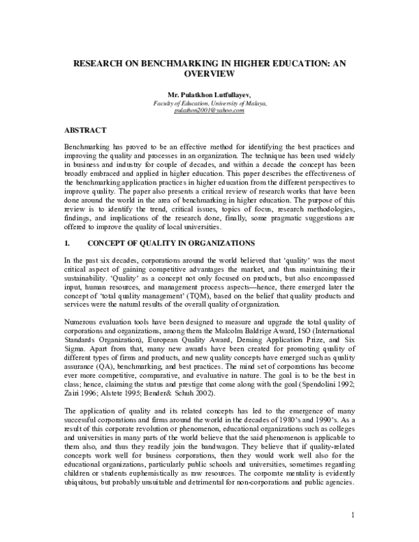 (PDF) Research on Benchmarking in Higher Education: An Overview