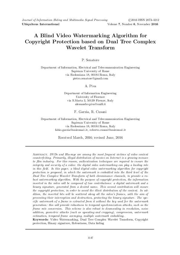 (PDF) A Blind Video Watermarking Algorithm for Copyright Protection based on Dual Tree Complex ...
