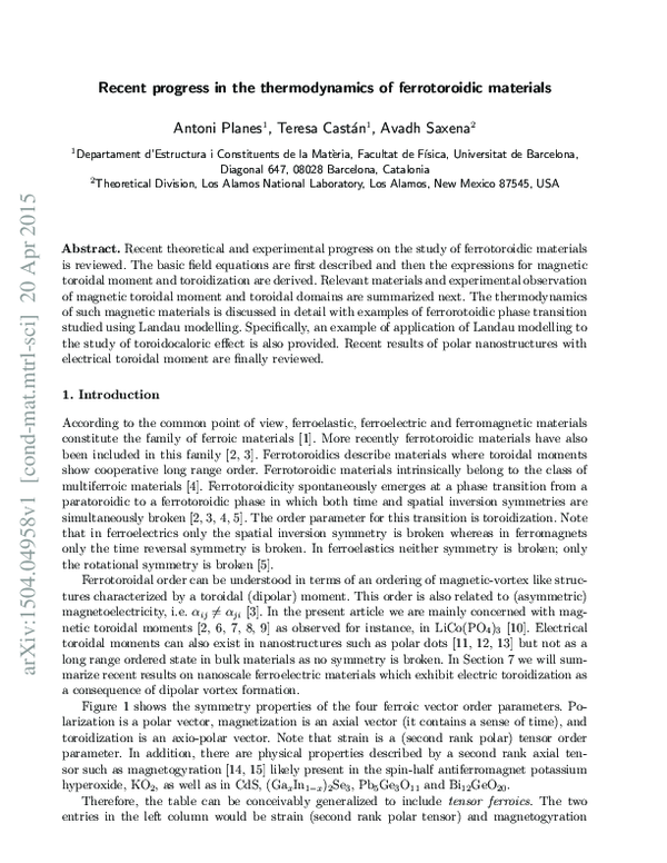 (PDF) Recent progress in the thermodynamics of ferrotoroidic materials