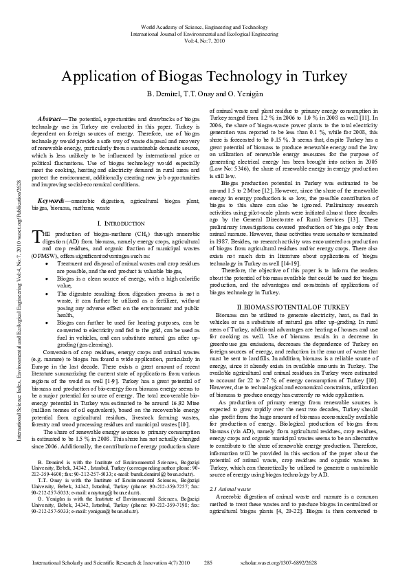 (PDF) Application of biogas technology in Turkey