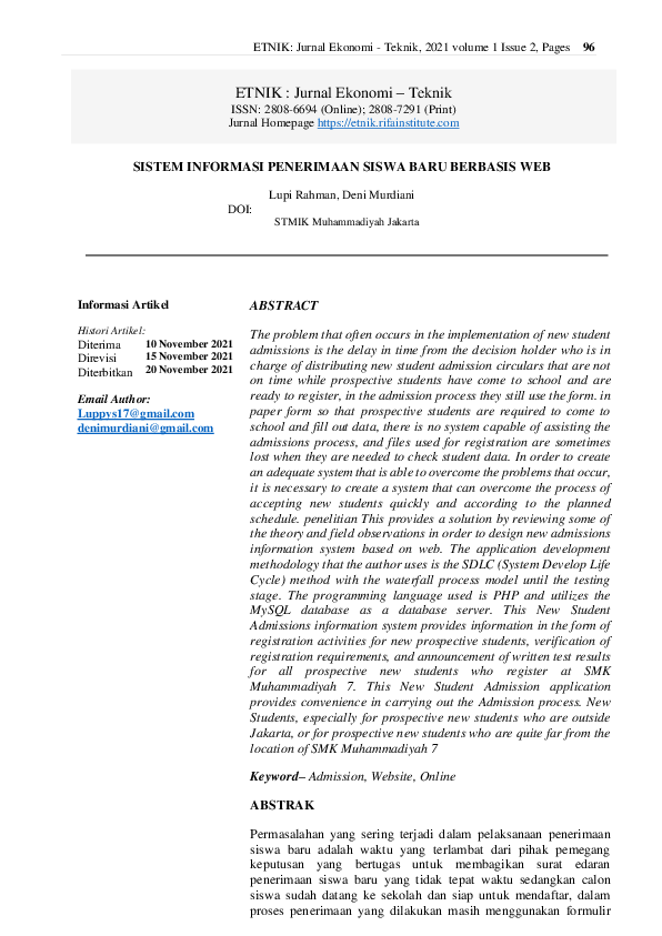 (PDF) Sistem Informasi Penerimaan Siswa Baru Berbasis Web pada SMK Muhammadiyah 7 Jakarta