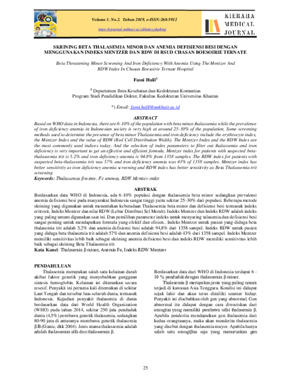 (PDF) Skrining Beta Thalasemia Minor Dan Anemia Defisiensi Besi Dengan ...
