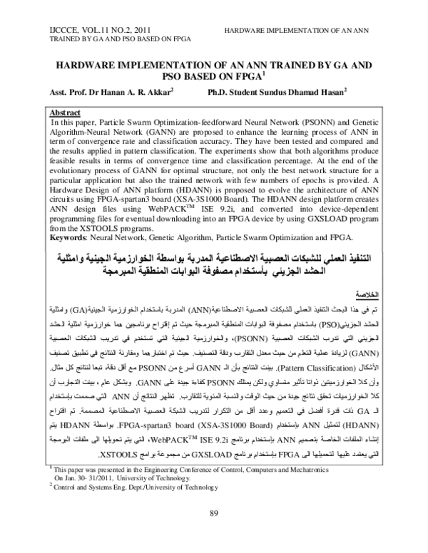 Pdf Hardware Implementation Of An Ann Trained By Ga And Pso Based On Fpga